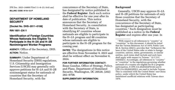 DHS Announces Eligible Countries for H-2A and H-2B Visas 2023-2
